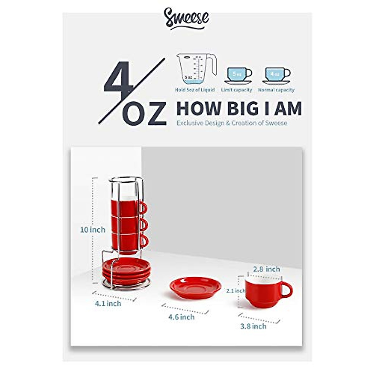 Sweese 4 Ounce Porcelain Stackable Espresso Cups with Saucers and Metal Stand Set of 4, Red - 405.404