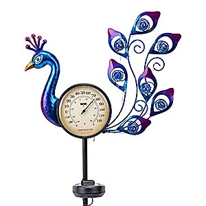 MUMTOP Outdoor Thermometers for Patio - Solar Peacock Outdoor Thermometer with Garden Stake for Home and Garden Decor