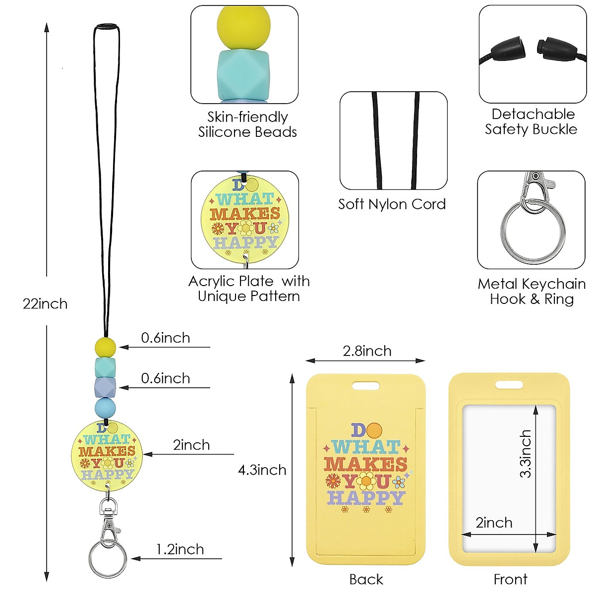 Teacher Lanyards for Id Badges & Keys, ID Badge Card Holder with Silicone Beaded Lanyard, Acrylic Beaded Breakaway Neck Lanyards Name Tag for Women Teacher Nurse - Do What Makes You Happy