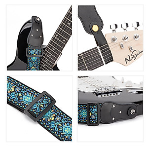 NeuSchwan Adjustable Electric Guitar Strap/Acoustic Guitar Strap/Bass Strap-Cotton Jacquard Embroidered Genuine leather Ends Guitar Straps with 1 Pick Holder, Free Bonus 2 Silicone Strap Locks, Blue