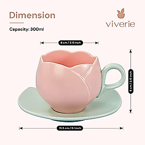 VIVERIE 10 oz Pink Flower Teacup and Saucer - Leaf Heart Tea Cup Saucer, Cute Coffee Mug, Tea Mug, Hot Teacup Set, Tea Accessories for Women, Mom, Friends, Birthday, Christmas Gift, Pink Christmas Mug