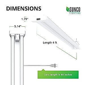 Sunco Motion Sensor 4ft LED Shop Light, Garage Lights Ceiling LED Plug in Fixtures, 40W, 5000K Daylight, Frosted, Motion Activated, Linkable Suspension Mount, ETL, Energy Star 4 Pack
