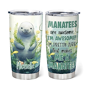 Hyturtle Personalized Gifts Manatee Lover - Me A Manatee Customized Name Stainless Steel Tumbler 20 oz With Lid - Idea Cute Sea Animal Lover Gifts For Women, Girl, Kids On Birthday, Christmas