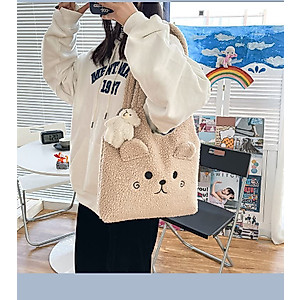 Fluffy Underarm Bag Y2K Fuzzy Plush Tote Bag Cute Cartoon Bear Aesthetic Shoulder Bag Accessories for Autumn Winter (Kakhi)