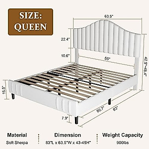 HUEOFGP Queen Size Bed Frame with Upholstered Fabric Adjustable Headboard, Platform Bed Frame with Wooden Slats Support, No Box Spring Needed, Easy Assembly, Modern, White