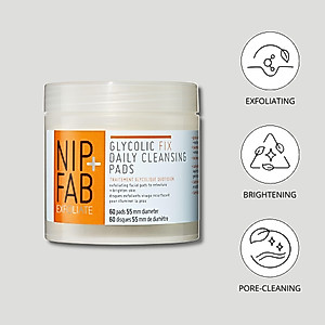 Nip + Fab Glycolic Acid Fix Daily Cleansing Pads for Face with Hyaluronic Acid, Witch Hazel, Exfoliating Resurfacing AHA Facial Cleanser for Exfoliation Even Skin Tone Brighten Skin, 60 Pads