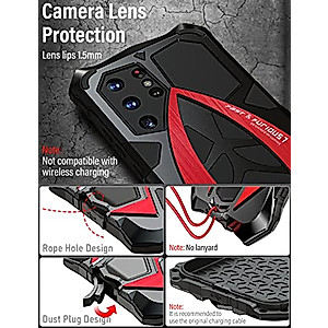 KumWum Armor Phone Case for Samsung Galaxy S21 Ultra Military Grade Drop Protection Cover S21Ultra 5G Heavy Duty Hybrid Metal Bumper Built-in Silicone Shockproof Dustproof - Black + Red