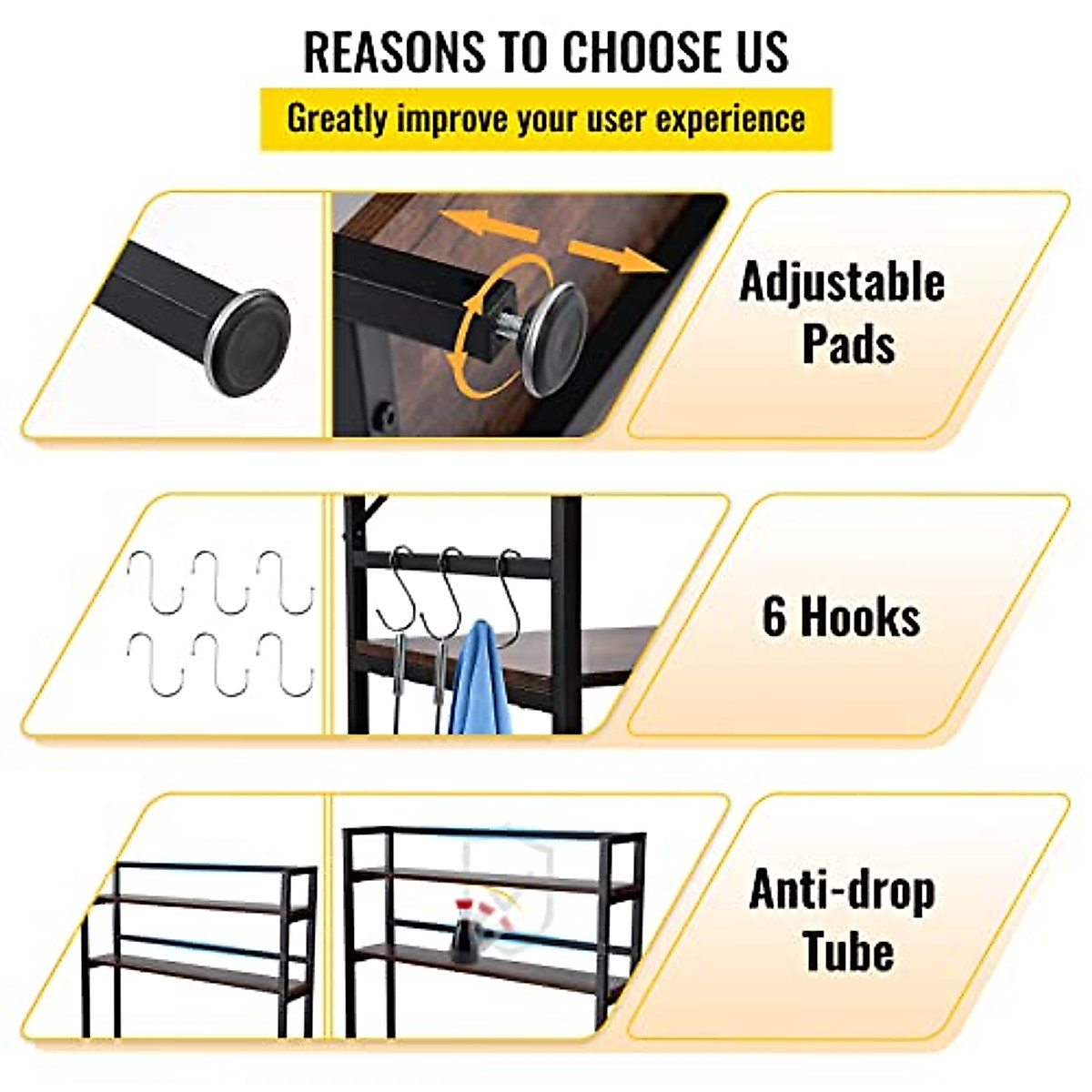 VEVOR Kitchen Baker's Rack, 5-Tier Microwave Stand with 6 Hooks Utility Storage Shelf, Industrial Bakers Racks for Kitchens with Storage, Standing Kitchen Rack for Home Bar, Coffee Bar, Dining Room