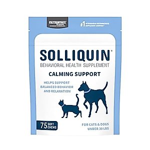 Nutramax Solliquin Calming Behavioral Health Supplement for Small to Medium Dogs and Cats - With L-Theanine, Magnolia / Phellodendron, and Whey Protein Concentrate, 75 Soft Chews