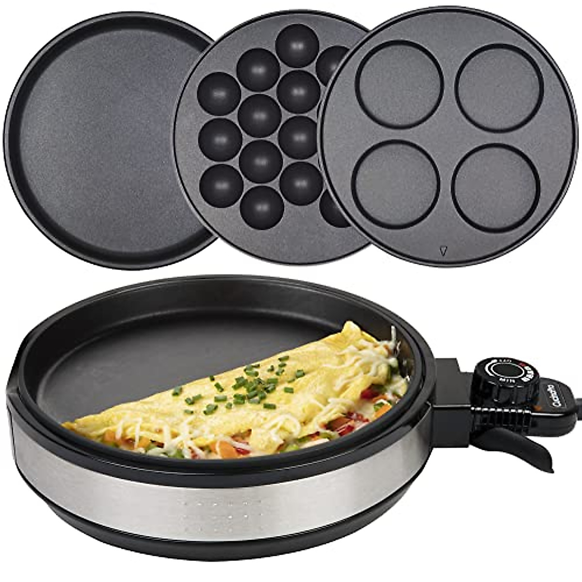 Multi Baker Deluxe- Electric Appliance with Temperature Control, 3 Interchangeable Skillets for Grilling, Baking or Dessert Making- Grilled Cheese, Omelets, Personal Pizza, Takoyaki, Sandwiches, Cake Pops & More, Great Gift