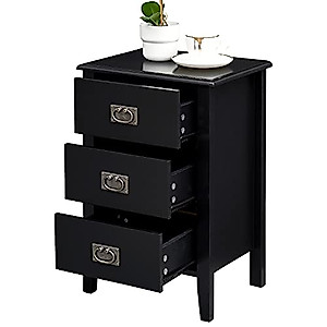VECELO Nightstands Set of 2 End/Side Tables Living Room Bedroom Bedside, Vintage Accent Furniture Small Space, Solid Wood Legs, Three Drawers, Black