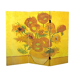 Red Lantern 3 ft. Short Double Sided Works of Van Gogh Canvas Starry Night/Sunflowers Folding Screen, 3 Foot, 3 Panel, Multicolor