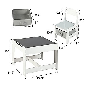 Kinder King Kids Wood Table & 2 Chairs Set, 3 in 1 Children Activity Table w/Storage, Removable Tabletop, Blackboard, 3-Piece Toddler Furniture Set for Art, Crafts, Drawing, Reading, Playroom, Grey