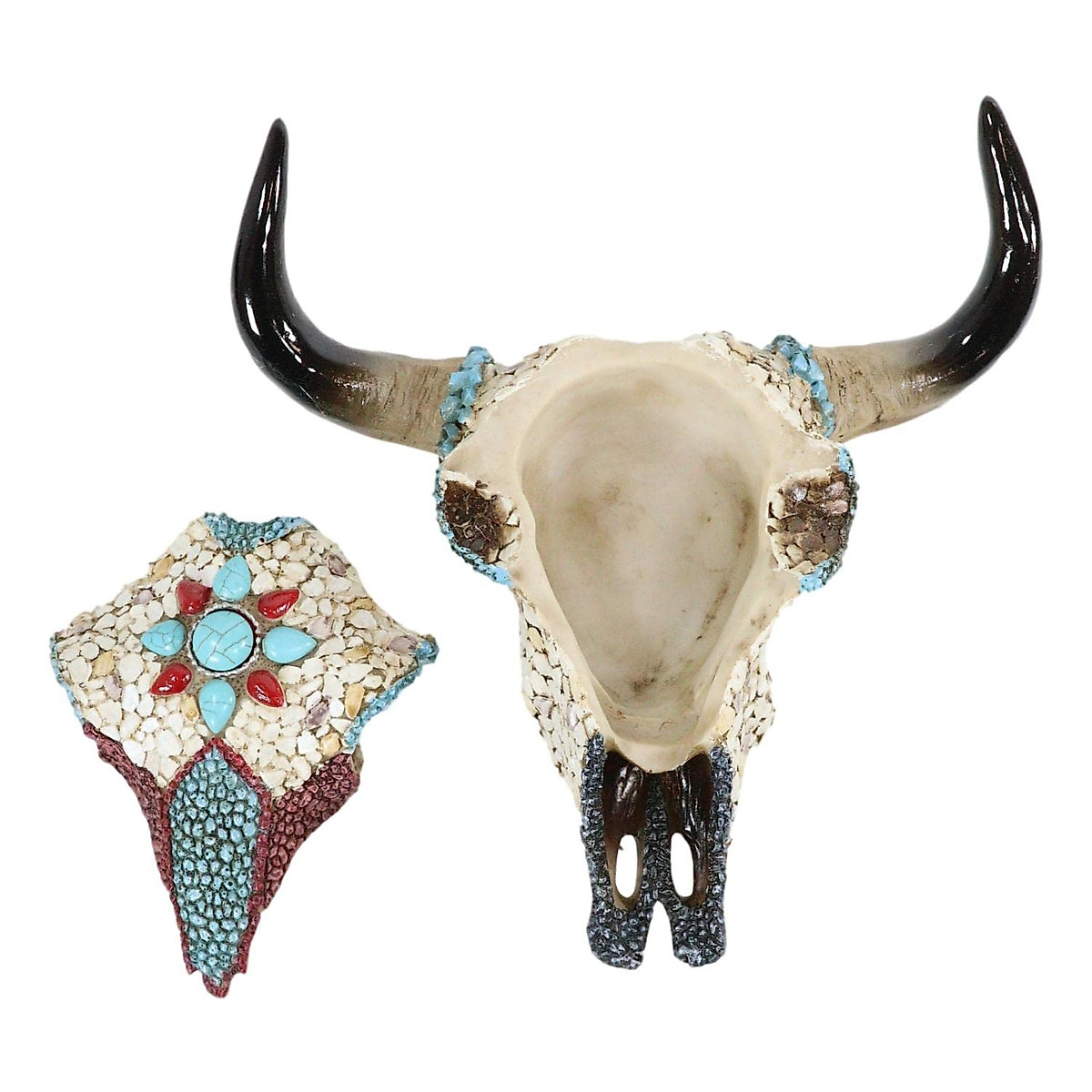 Ebros Gift Western Southwest Steer Bison Buffalo Bull Cow Skull With Mosaic Turquoise and Red Aztec Sun Teardrop Gems Decorative Jewelry Trinket Box Figurine Accent Macabre Ossuary Accent