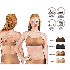 Clementine Apparel - Girls and Women Dance Bra with Clear Detachable Straps Unpadded & Seamless, Big Girls (7 to 16), Size 16, Dark Nude