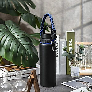 QeeCord 2.0 Paracord Handle for Hydroflask 2.0 Wide & Standard Mouth Water Bottles Strap Carrier with New Safety Ring Holder, 12oz - 64oz (32 oz-40 oz Wide Mouth, Blue/Compass+Whistle+Fire Starter)