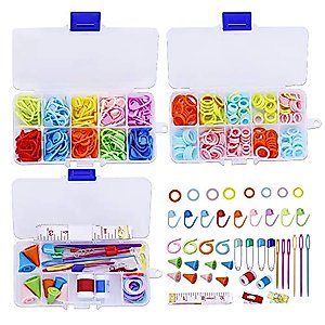 381 Pieces Stitch Ring Markers and Colorful Knitting Crochet Locking Counter Stitch Needle Clips + Weaving Tools Knitting Kits with 3 Storage Boxes