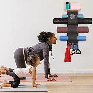 VINAEMO Yoga Mat Holder Wall Mount Storage Rack with 3 Sizes Pocket Wood Floating Shelves and 4 Hooks for Hanging Foam Roller Yoga Mats Yoga Block Home Gym Accessories Carbonized Black