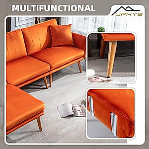 UPHYB L-Shaped Orange Velvet Sectional Recliner Sofa Couch, 105" Modern Convertible Sleeper Sofa Bed with Adjustable Backrest, 3 Seat Sofa Set with Ottoman and 2 Pillows for Living Room and Apartment