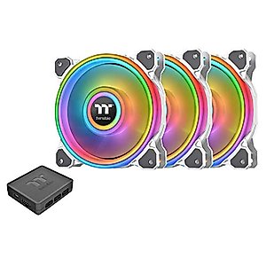 Thermaltake Riing Quad 120mm 16.8 Million RGB Color (Alexa, Razer Chroma) Software Enabled 4 Light Rings 54 Addressable LED 9 Blades Hydraulic Bearing White Case/Radiator Fan, 3 Pack, CL-F100-PL12SW-B