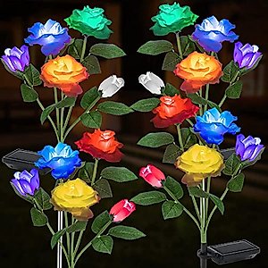 4 Pack Solar Garden Decorative Lights 7 Color Changing Beautiful & Realistic Rose Flowers Lights Waterproof Outdoor Solar Powered Fairy Landscape Lights for Yard Pathway Patio Christmas Decoration