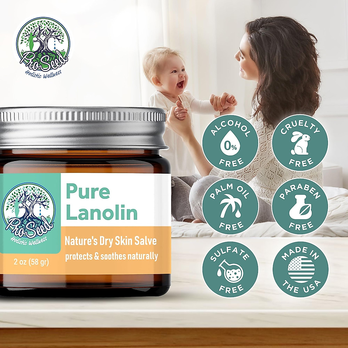 ProSeed Handmade Pure Lanolin Balm – US Pharmacopeia Grade for Moms, Babies & Skin Essentials – Single Ingredient Moisturizer for Dry, Sensitive Skin – Glass Jar, 2oz