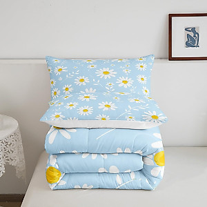 Manfei Daisy Comforter Set Twin Size, White Flower Leaves Bedding Set 2pcs for Kids Boys Girls Bedroom Decor, Botanical Garden Artwork Quilt Set Soft Polyester Duvet Set with 1 Pillowcase