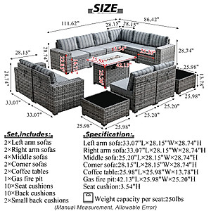 HOOOWOOO Outdoor Patio Sectional Furniture Sofa Set with Propane Fire Pit Table,13 Piece Large Modern Wicker Couch with Widened Armrest,Modular L Shaped Conversation Seating Set(Grey Strip)