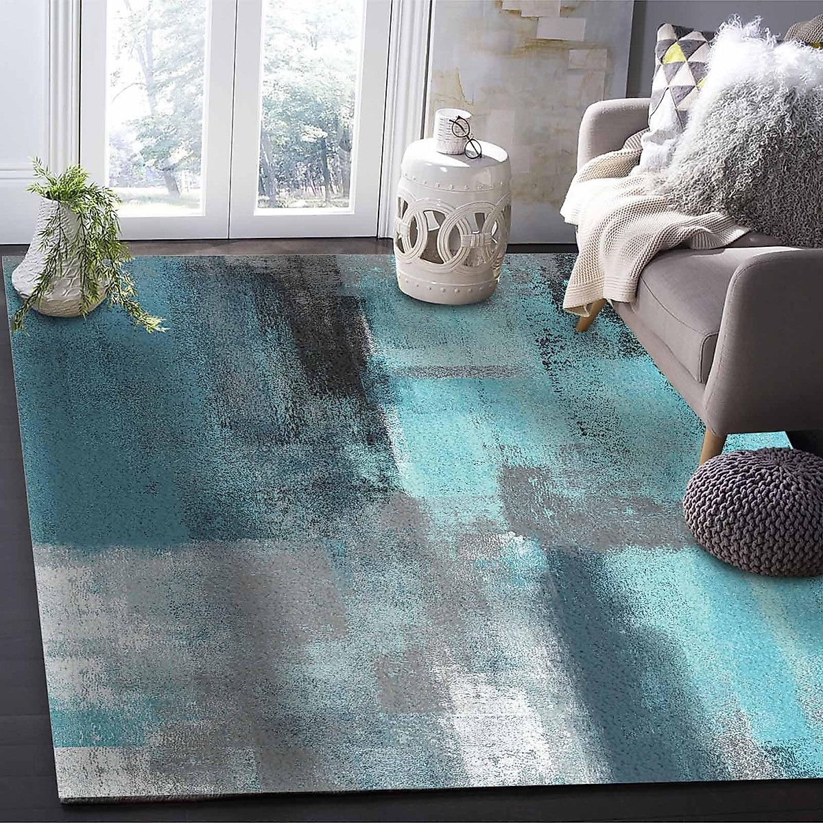Contemporary Non-Slip Area Rug Turquoise and Grey Abstract Art Painting Teal Printed Rugs Art Carnival Rubber Backing Living Room Floor Mats Rectangle Area Rug Carpet for Indoor 2.7'x5'