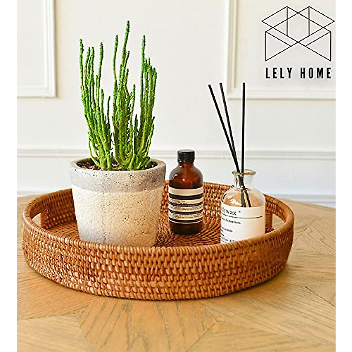 LELY HOME Round Rattan Woven Serving Tray w/ Handles, Home Table Decor Ottoman Tray for Breakfast Table, Dinner tray tables and Wooden Serving Trays