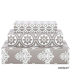 HOSLEY Storage Memory Book Box Set /3, Gray White Farmhouse Large 12", Med 10" Small 8" High. Ideal Gift for Wedding Memories Jewelry Trinket Hobby Keepsake