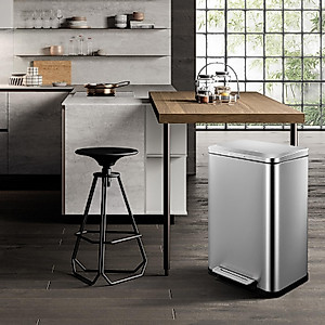 GarveeHome Brushed Stainless 50 Liter/13.2 Gallon Step Trash Can with Inner Liner, Fingerprint Resistant Finish, Soft Close, Rectangular