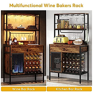 Tribesigns Wine Bar Cabinet with Storage Drawer, 64 Inches Tall 32-Bottles Large Capacity Freestanding Wine Rack Bar Cabinet with 6 Hooks for Home Bar, Kitchen, Wine Cellar, Rustic Brown