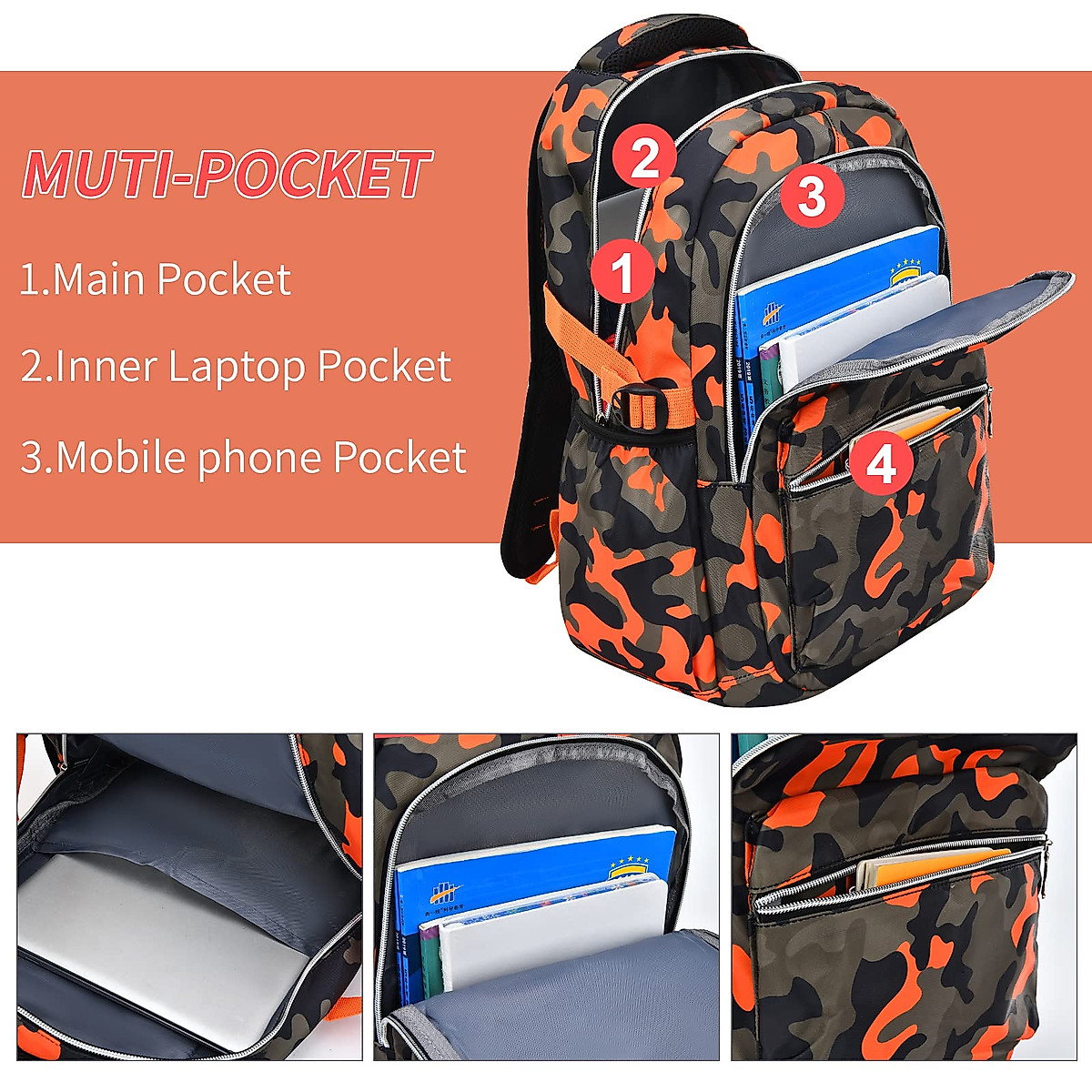 Yvechus School Backpack Casual Daypack Travel Outdoor Camouflage Backpack Christmas Presents for Boys and Girls (Camo Orange 2)