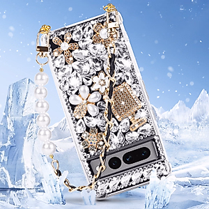 Leiju Case for Google Pixel 7 Pro with Strap Glitter Design,3D Handmade Sparkle Stunning Stones Crystal Diamond Bling Glitter Phone Case for Google Pixel 7 Pro