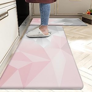 chiinvent Pink Kitchen Rug Set of 2, Anti-Fatigue Pink and Grey Marble Kitchen Mat, Non-Slip Waterproof Comfort Standing PVC Kitchen Mats for Floor, Memory Foam Cushioned Rugs,17.3"x28"+17.3"x47"