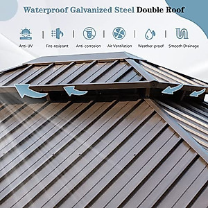 MELLCOM 12' x 14' Hardtop Gazebo, Galvanized Steel Metal Double Roof Aluminum Gazebo with Curtains and Netting, Brown Permanent Pavilion Gazebo with Aluminum Frame for Patios, Gardens, Lawns