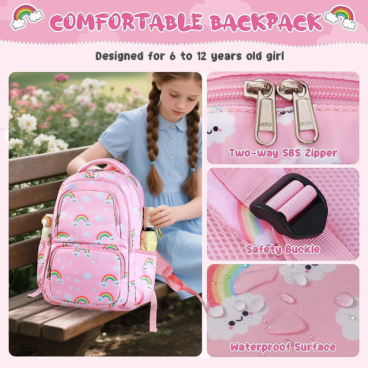 Unineovo Backpack for Girls, 16' Rainbow School Backpack for Kids - Lightweight Water Resistant Bookbag - Pink Nylon School Bag Set Gifts for Kid