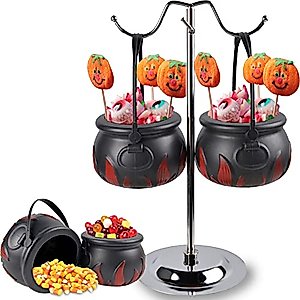 ChezMax Halloween Witch Cauldron, 2 Pack Plastic Candy Cauldron Flame Party Pots with Adjustable Holder, Black Spooky Halloween Bucket with Handle, Large Trick Or Treat Serving Bowls for Table Decor