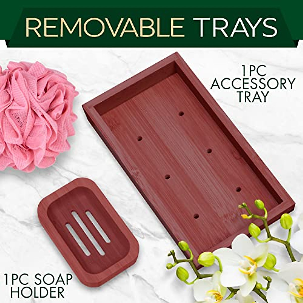 SereneLife Bamboo Bathtub Caddy with Luxury Gift Box and Red Gifting Ribbon Extendable & Adjustable Tray with Device/Book Holder with Removable Trays for Bath Accessories (Stain Brown)