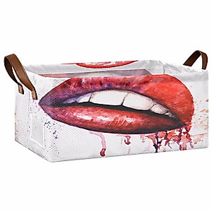 Exnundod Watercolor Red Lips Storage Bins Unique Attractive Funny Stroage Basket with Metal Frames Collapsible Storage Bin with Handles Organizing Closet Blanket Toys, 1PC
