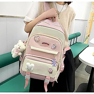 Kawaii Anime Canvas School Backpack 5Pcs Combo Set with Cute Bear Pendant and Pins Aesthetic Essential Kit Laptop Schoolbag (Pink)
