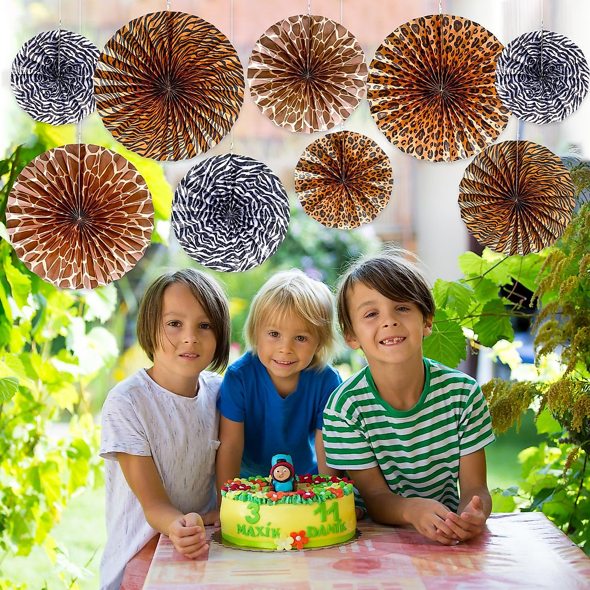 Outus 9 Pcs Animal Print Hanging Paper Fans Decorations Safari Theme Paper Fan Classroom Decoration Jungle Animal Ceiling Wall Garland for Wild Zoo Animal Baby Shower Birthday Party Supplies Decor