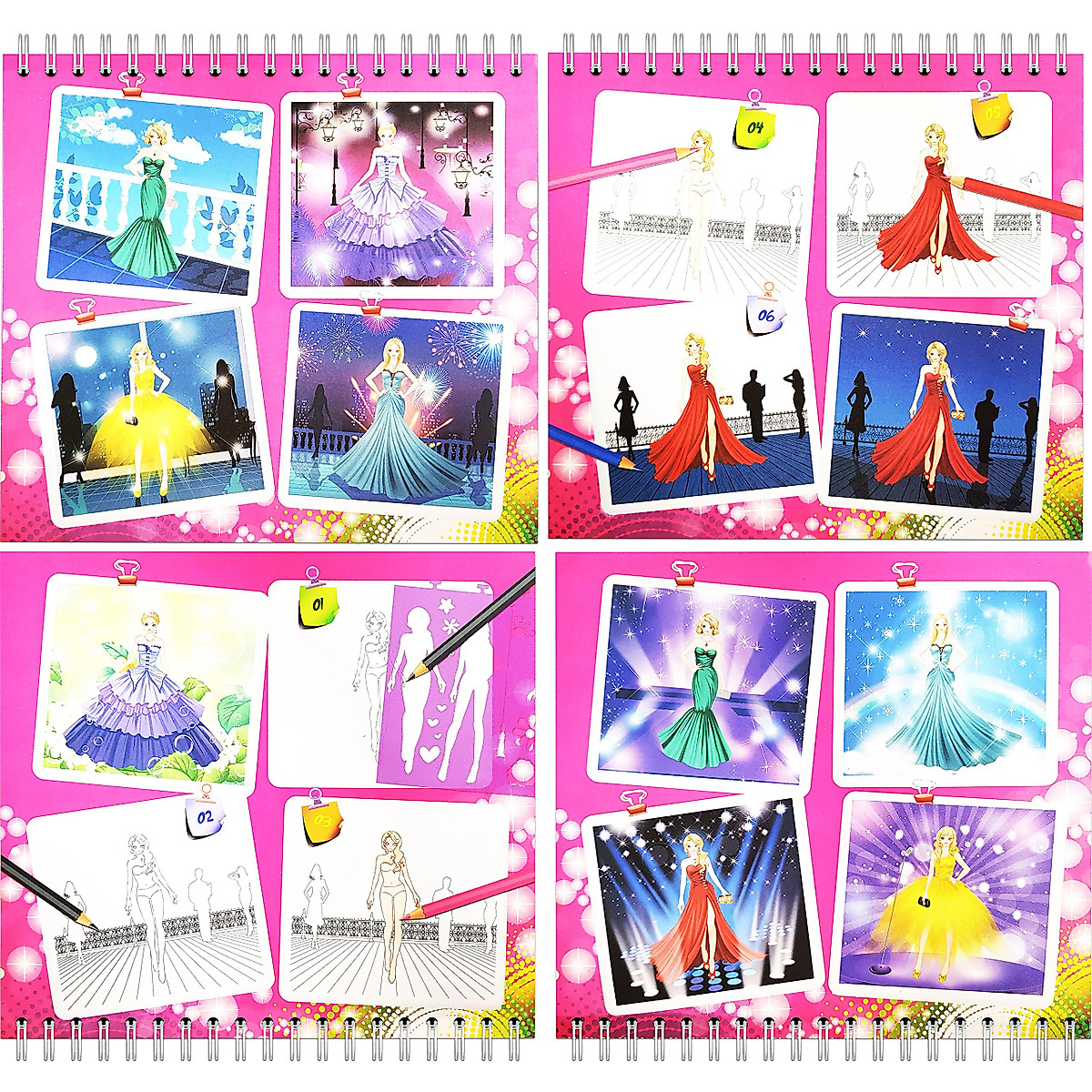 Fashion Dresses Sketch Portfolio Sticker Book - Designer Sketchbook - 100+ Stencils, 36 Giant Coloring Pages, Mermaid Dress Princess Costume Hair Star Stickers – Art Kit Drawing Coloring Book for Kids