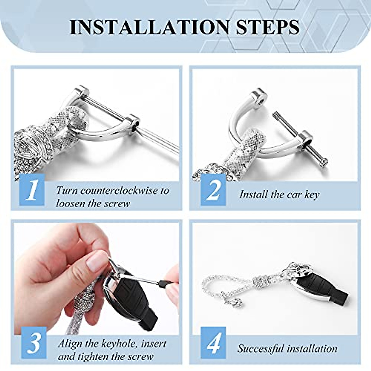 Crystal Bling Car Keychain for Women Glitter Rhinestone Keychain Ring Strap Key Fob Fashionable Glitter Key Fob Keychain Accessories Car Key Chains Car Key Decorations DIY Crafts (White,1 Piece)