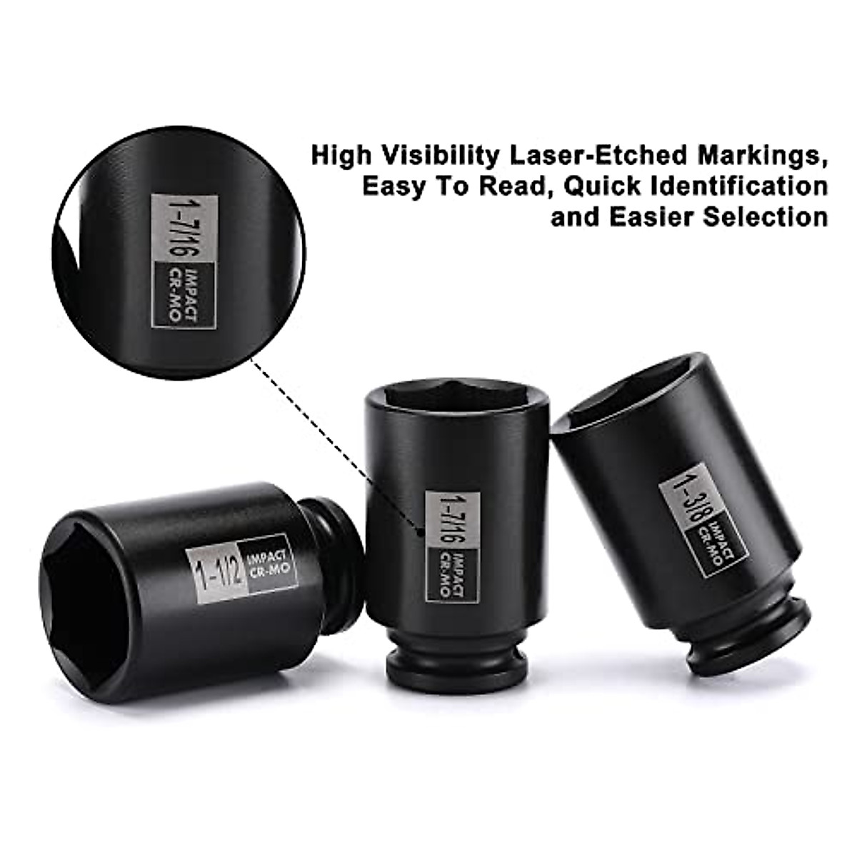 Mayouko 7PCS 1/2 Inch Drive Deep Impact Socket Set, 1-3/8" - 1-3/4", Spindle Axle Nut Sockets, SAE, Deep, 6-Point, CR-MO