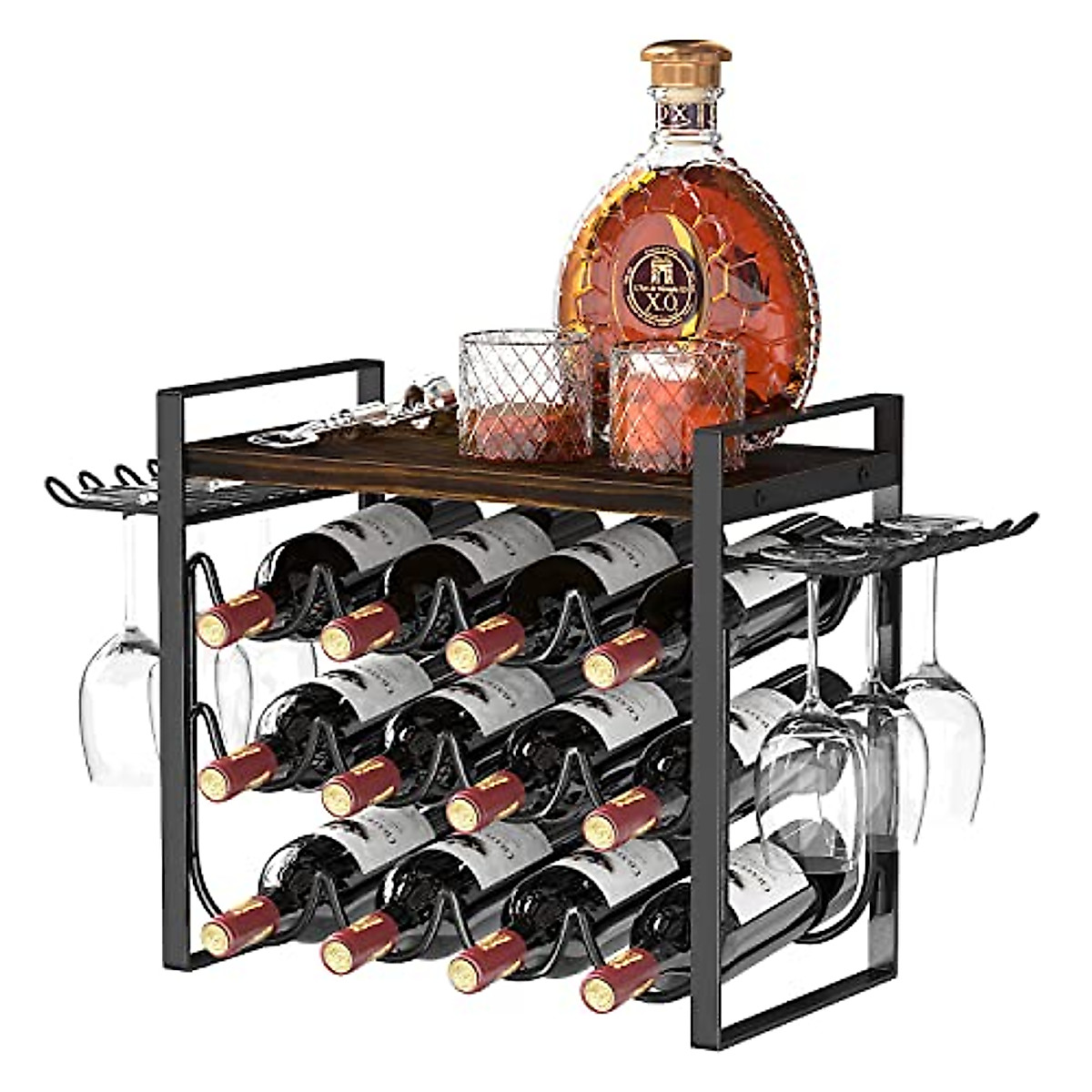 JAFUSI Wine Rack with Glass Holder, Countertop Wine Rack Metal Frame, Wine Holder Stand with Wooden Tray, Bottles Rack for Home Decor Kitchen Storage (Hold 12 Bottles and 4-6 Glasses)