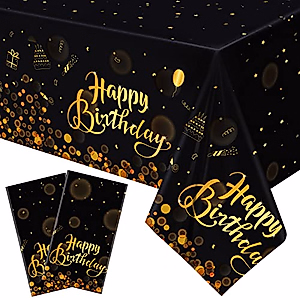 TURSTIN 2 Pack Happy Birthday Tablecloths Black Gold Plastic Table Cloth Rectangular 54 x 108 Inch Party Table Covers for Parties, Birthday, Anniversary Decorations