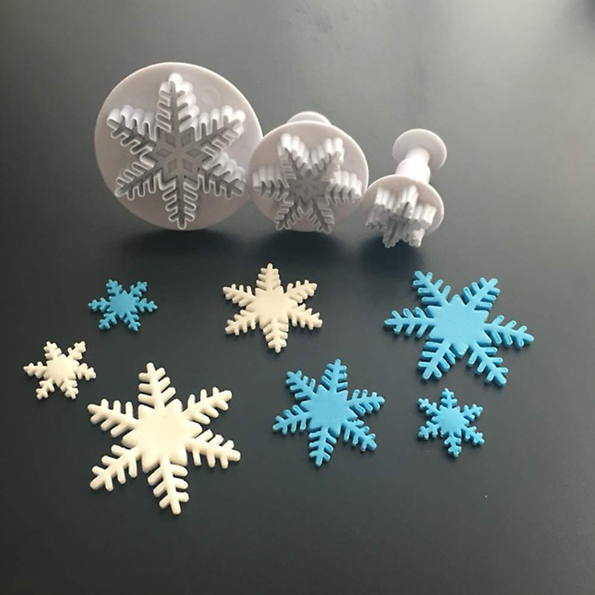 NUOMI 6 Pieces Snowflake Fondant Press Pastry Cutters Plastic Embossing Mould Cake Cookie Decorating Tool Handmade Sugarcraft Baking Supply, White, 6 Different Shapes