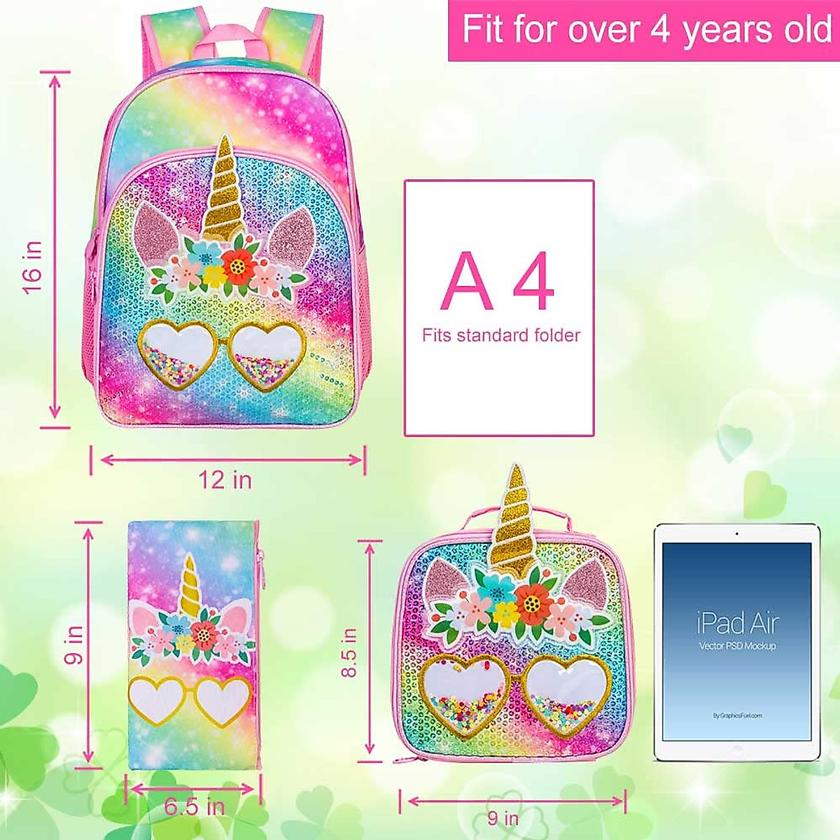 ZLYERT 3PCS Unicorn Backpack for Girls, Sequin Bookbag for Elementary Preschool Students, 16" Kids Backpacks with Lunch Box for Girl - Pink